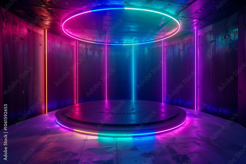 Sci-fi style room dark room with colorful lights. Round / circular room ...