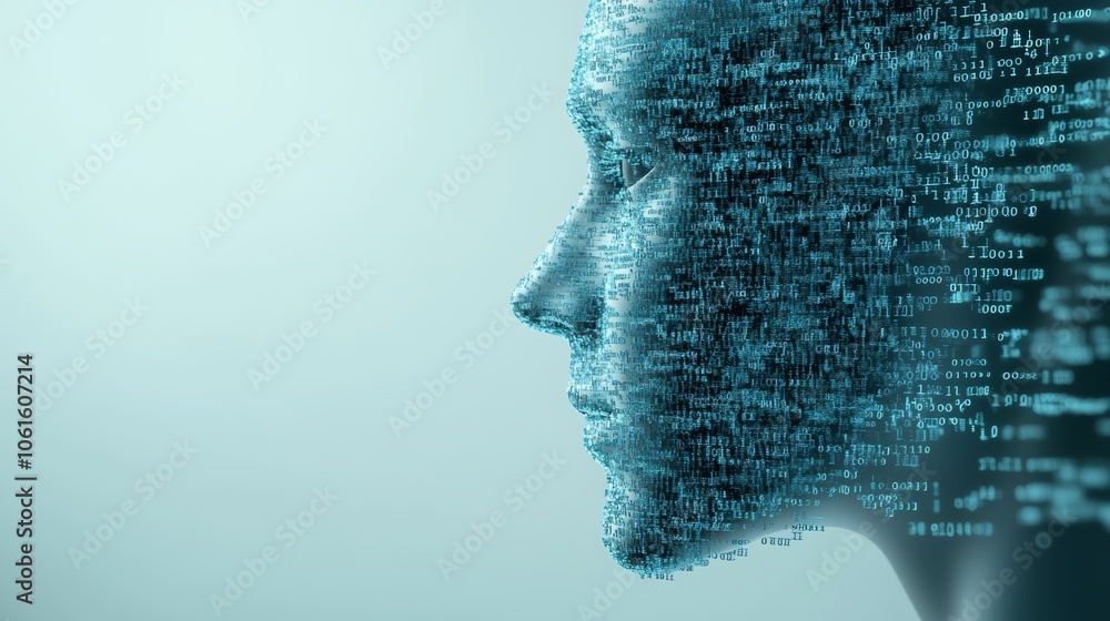Human head and binary code, exploring the intersection of technology, digital innovation ...