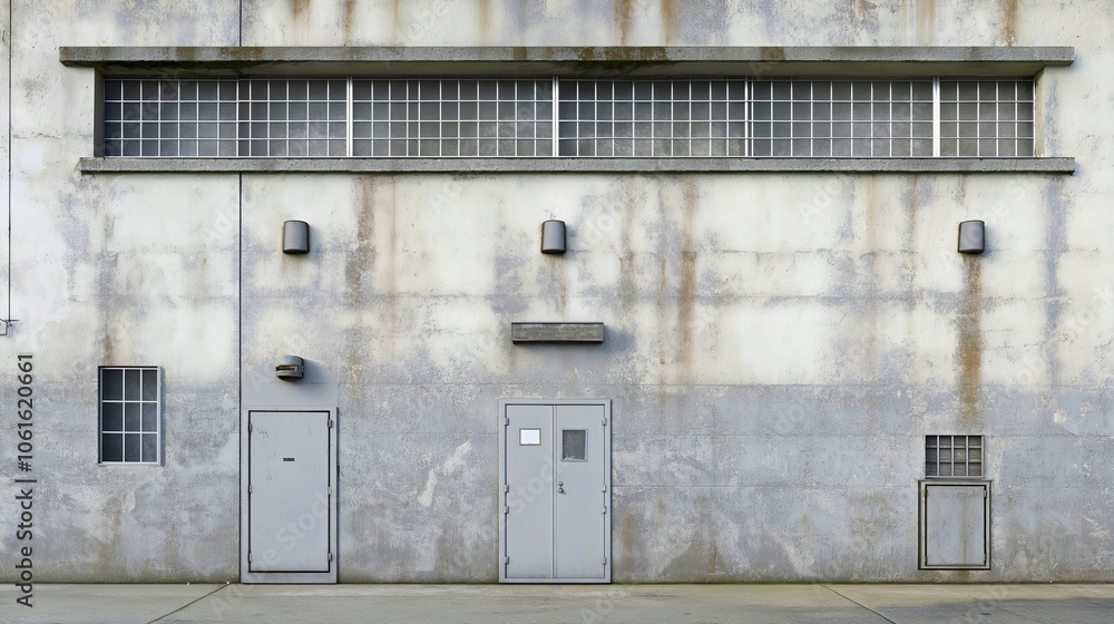 Imposing prison jail building, fortified exterior metal steel facility ...