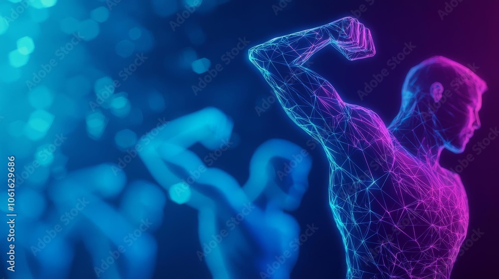 Group fitness class in a virtual reality gym, energy lines tracing ...