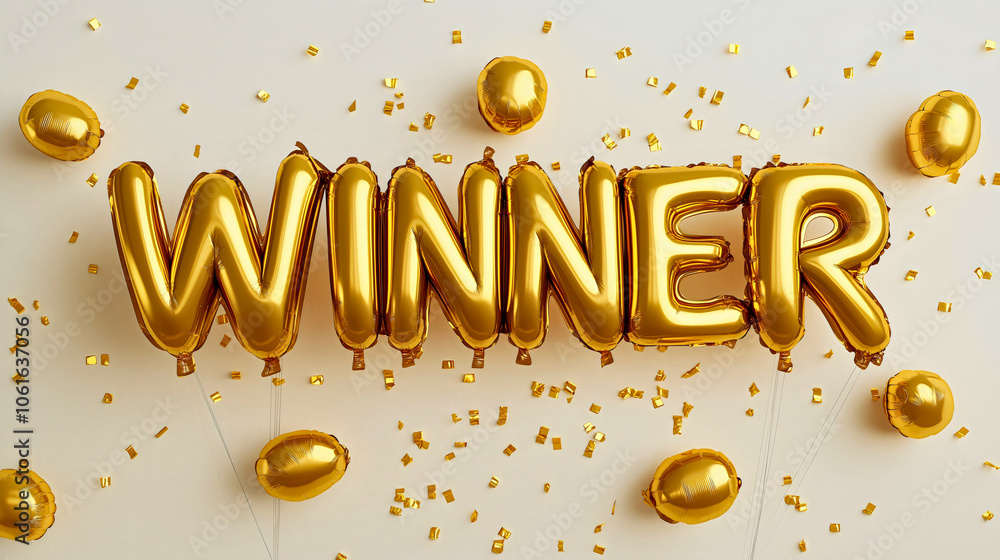 Triumphant winner golden balloon, jubilant celebration party event ...