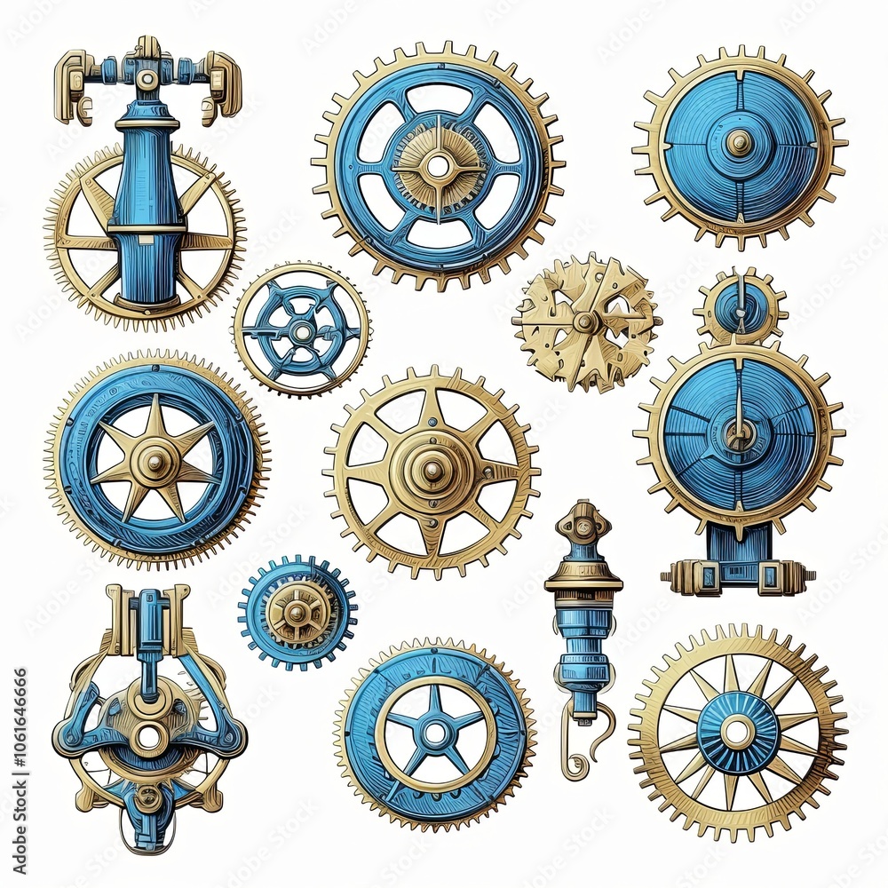 Set of Victorian-Era Gears and Cogs in steampunk style, in black, white ...