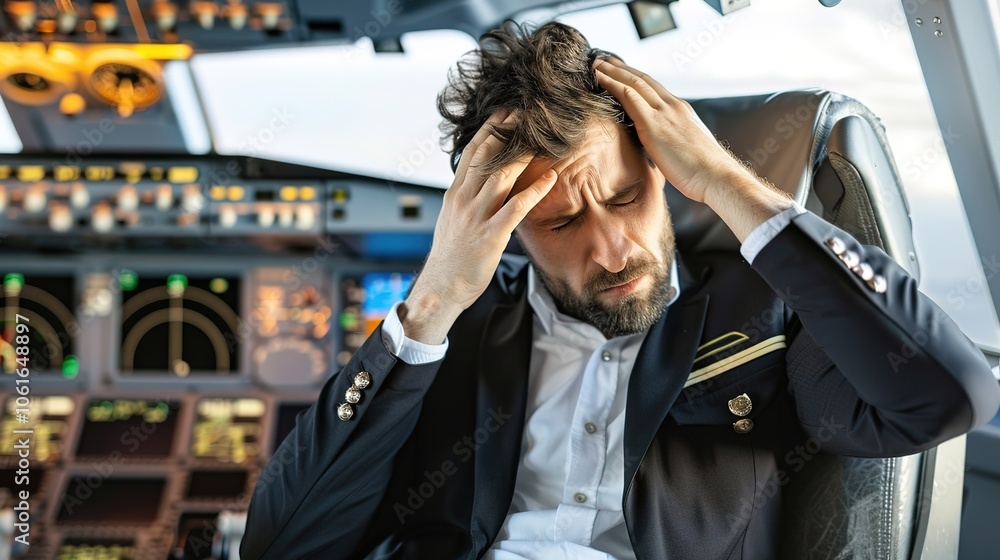 Pilot sitting in cockpit, looking frustrated and holding head ...