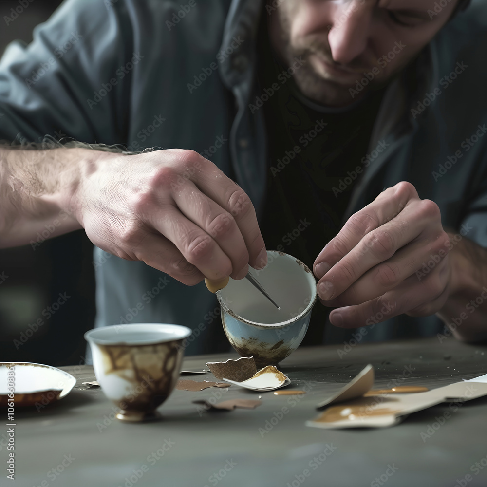 Man trying to glue a broken cup. Repairing a beloved vase. trying to ...