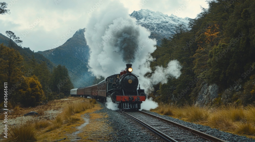 Steam train chugging along a mountain track with a smoky trail. Vintage ...