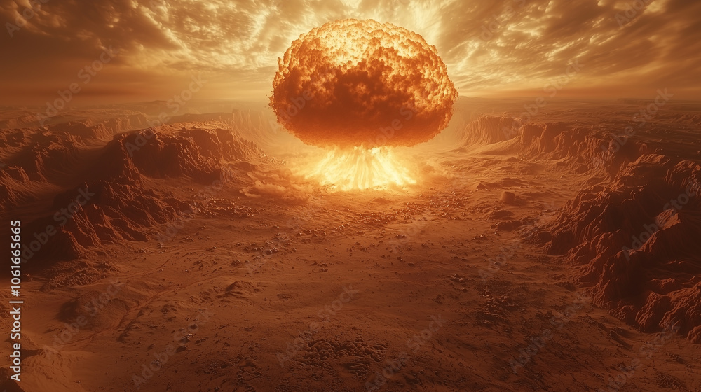 Nuclear explosion in the desert, a cinematic, photorealistic scene ...