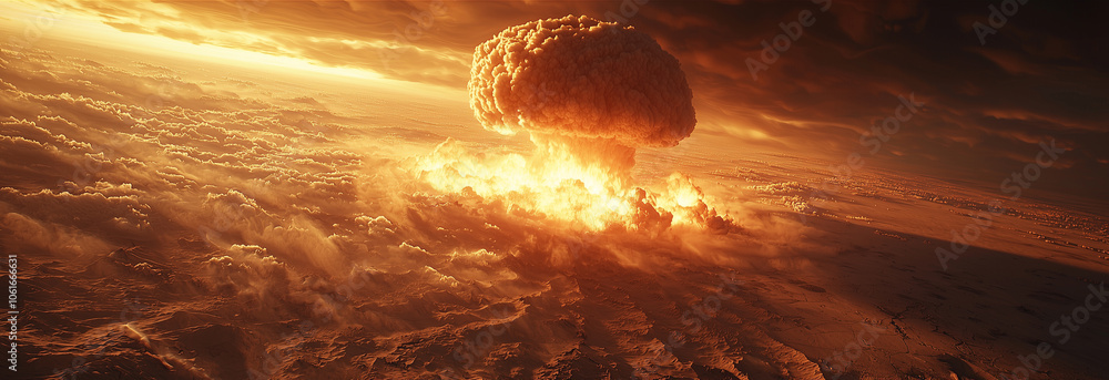 Nuclear explosion in the desert, a cinematic, photorealistic scene ...