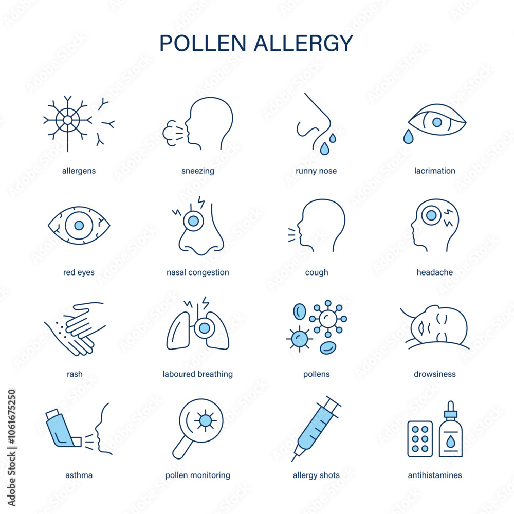 Poster Pollen allergy symptoms, diagnostic and treatment vector icon ...