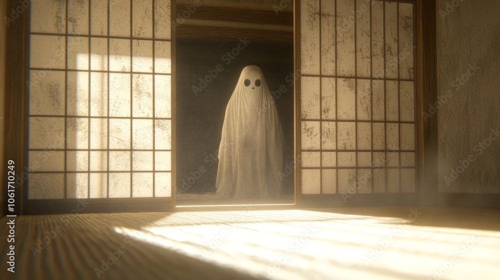 ภาพประกอบสต็อก Ghostly 3D Render of Zashiki-Warashi Yokai Peering ...