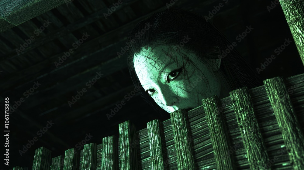 Haunting 3D Render of Ominous Rokurokubi Yokai Woman Peering Over ...