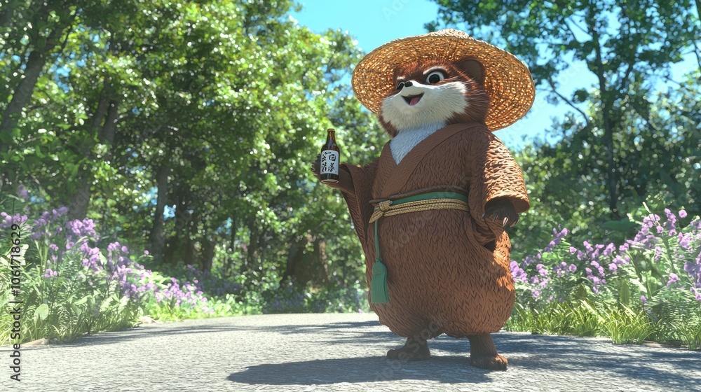 Mischievous Tanuki Yokai 3D Render in Forest Clearing Holding Sake ...