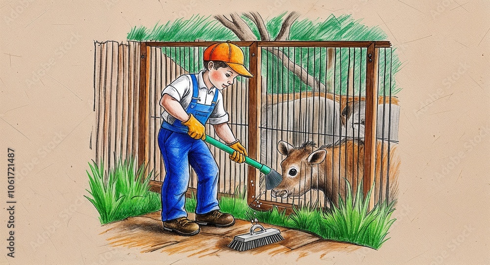Hand drawing clipart of a zookeeper boy cleaning an animal enclosure at ...