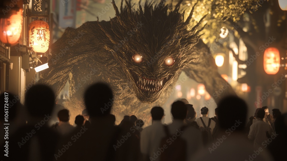 Enigmatic Nurarihyon Yokai Observing Bustling Japanese Street Scene 3d