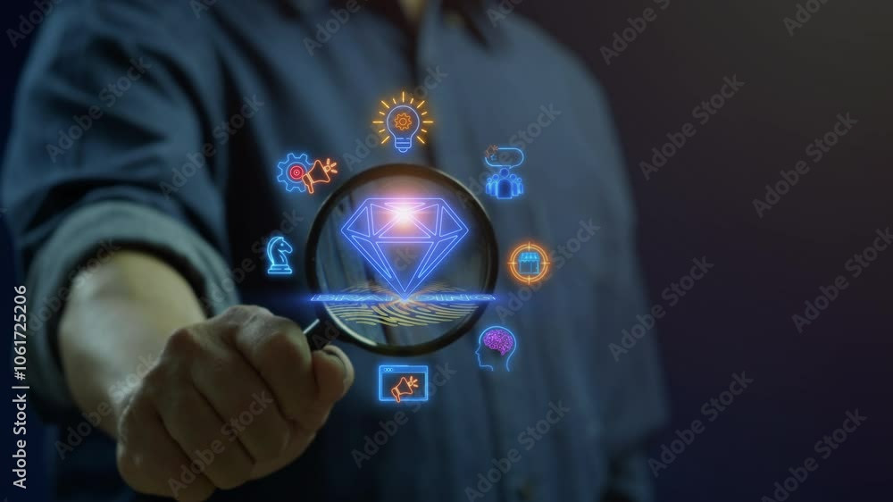 Businessman shows glowing neon line of BRAND concept with icons of ...