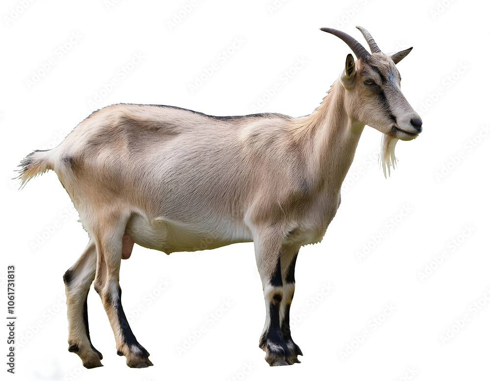 Portrait of a majestic goat with curved horns standing against a white ...