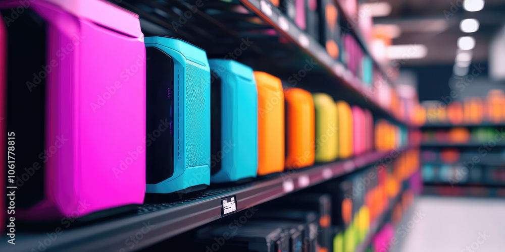 Row of PC desktop computer bright colored cases on the shelf in a ...
