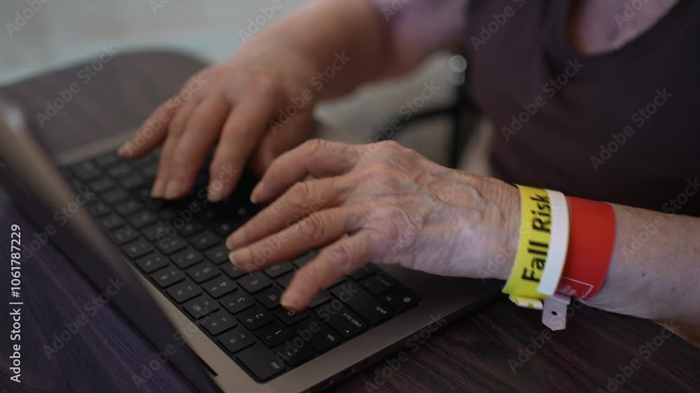 Closeup of an elderly womans hands typing on a laptop, wearing a yellow ...