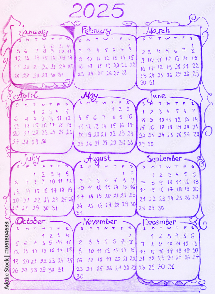 2025 handlettering drawing calendar. Hand lettering artistic original ...