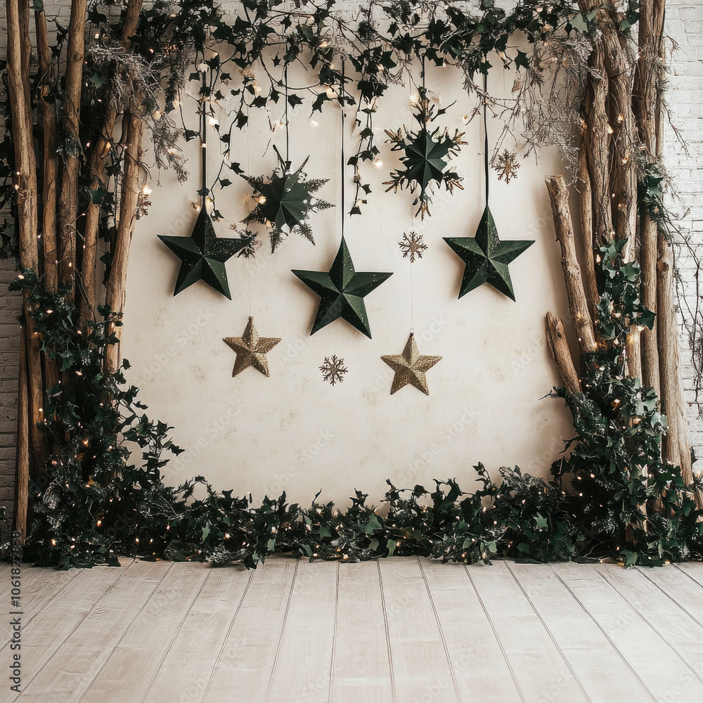 festive backdrop with hanging stars and snowflakes, surrounded by ...