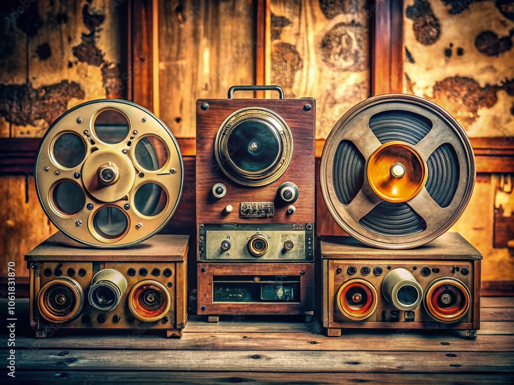 Vintage Musical Technique Set Featuring Reel-to-Reel Tape Recorder and ...