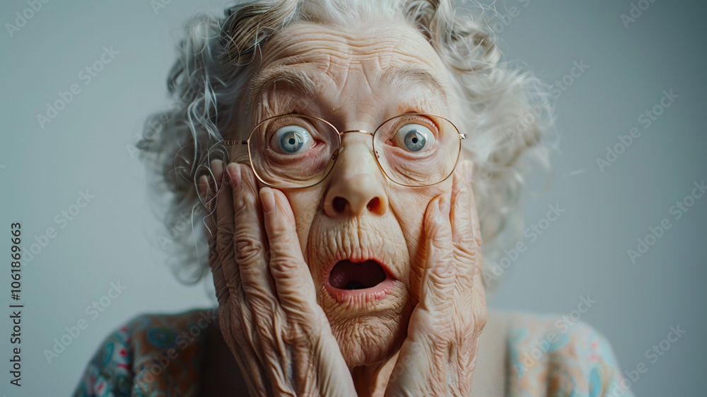Elderly woman in glasses with a stunned expression, hands on her cheeks ...