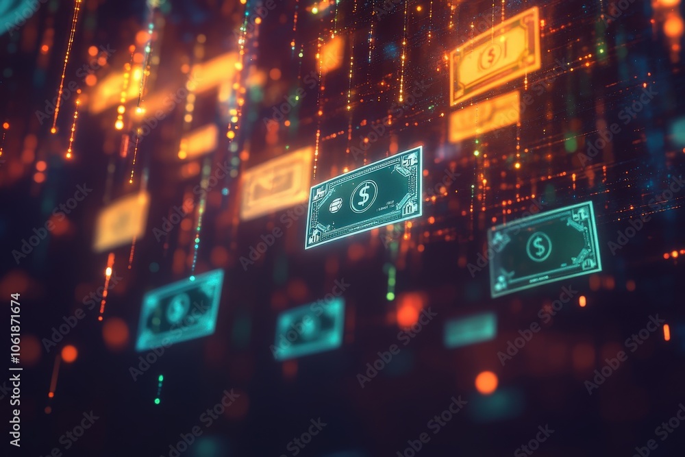 A dynamic digital wallet interface showcasing animated money icons ...