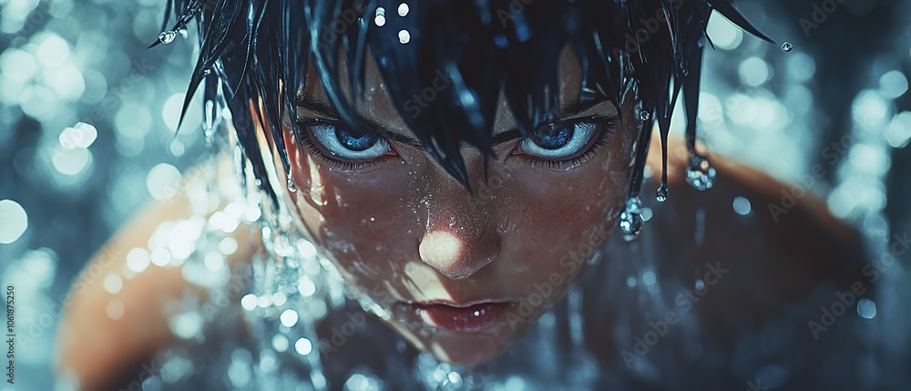 An animated character emerges from underwater, water droplets cascading ...