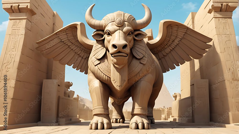 A grand Assyrian winged bull statue, Lamassu, standing guard at the ...