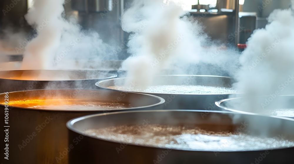 Boiling sugar syrup in large vats,steam rising,industrial sugar ...