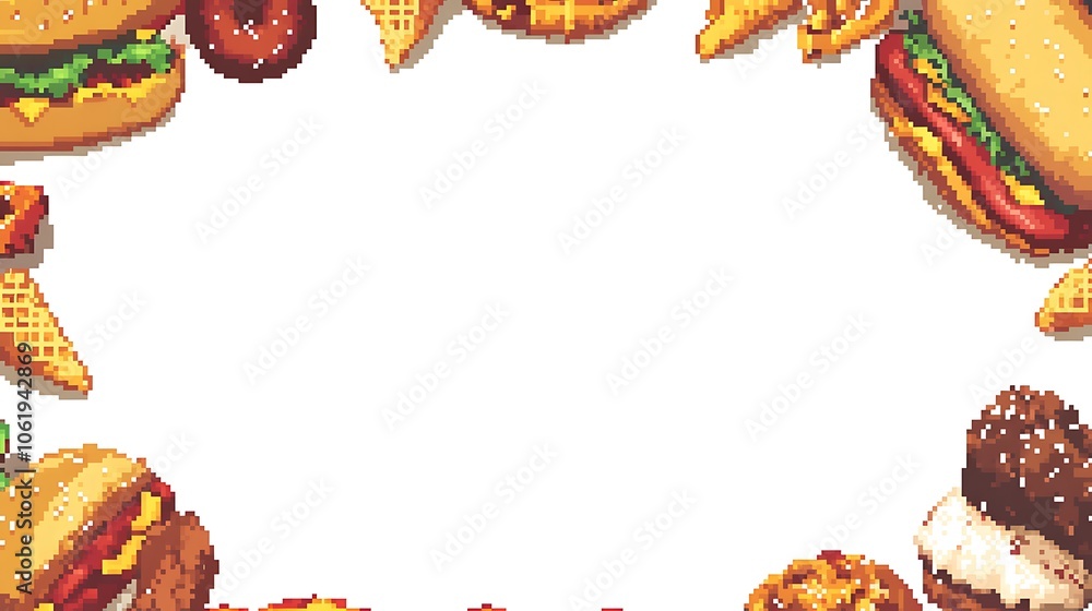 Pixel art frame of fast food items like burgers, fries and hot dogs ...