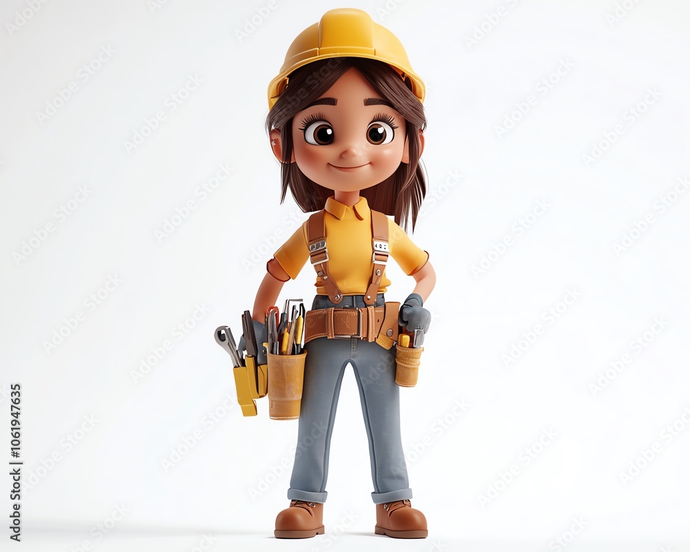 Charming 3D render of a female construction worker cartoon character ...