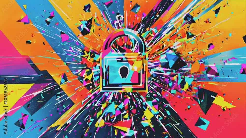 A vibrant explosion graphic featuring a padlock, symbolizing security ...