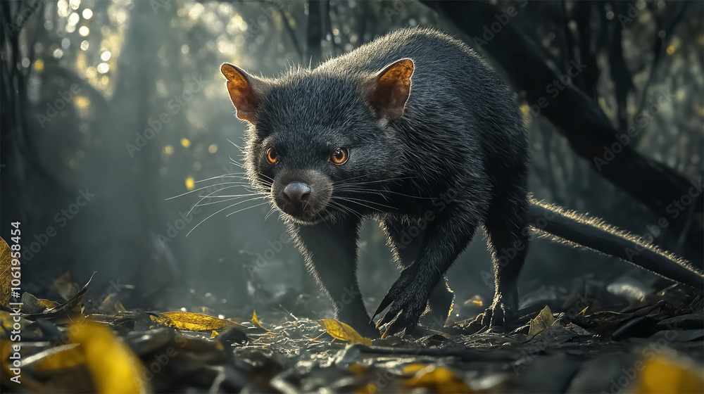 Tasmanian devil prowling in forest shadows, intense look with sunlit ...