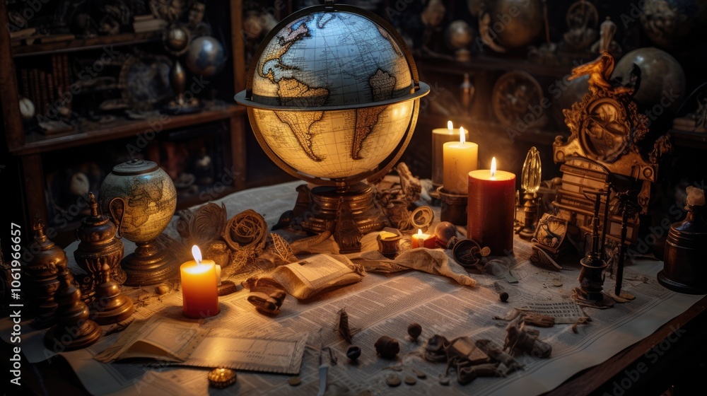 A historical cartographer's workshop in a medieval setting, complete ...
