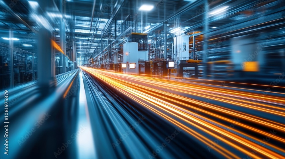 Smart factory illuminated with dynamic light trails, representing AI ...