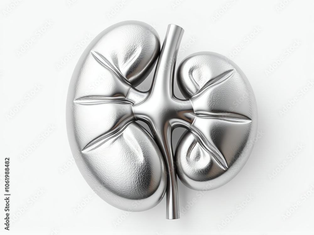 metal kidney displayed on a white background, highlighting its shape ...