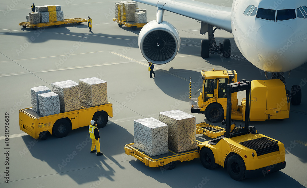 Airport ground crew loading cargo onto an airplane with forklifts and ...