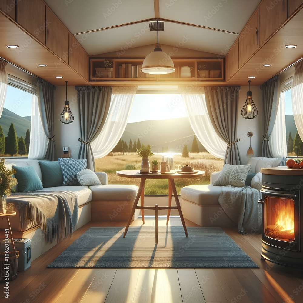 Camper house indoors interior with table, sofa and curtains on windows ...