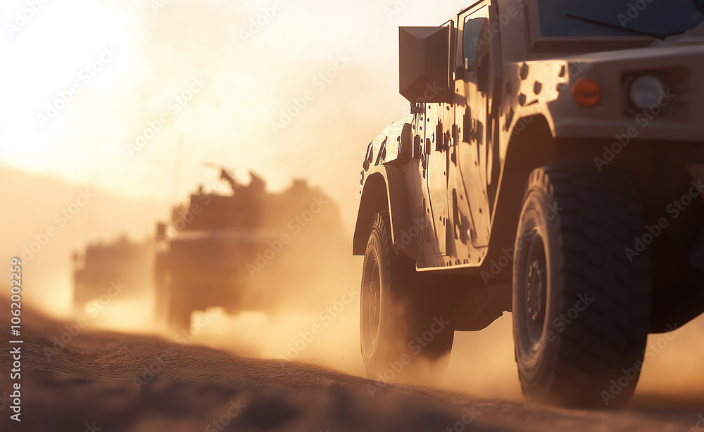 Armored military vehicles driving through a desert landscape at sunset ...