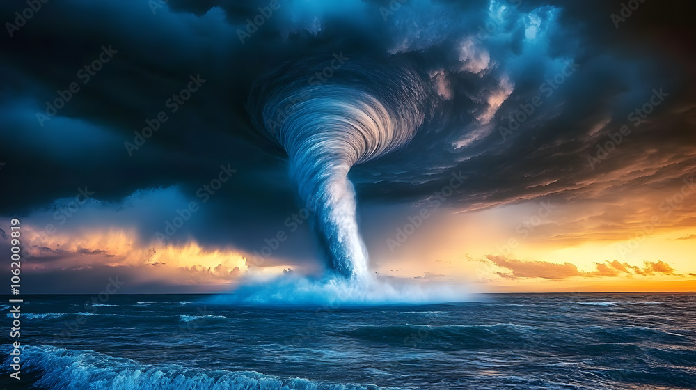 The impending whirlwind of a water tornado. The dramatic sky above the ...