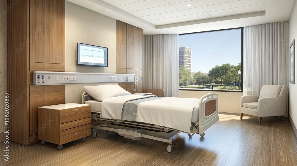 Modern luxury cosy hospital room with an empty bed for the patient and ...