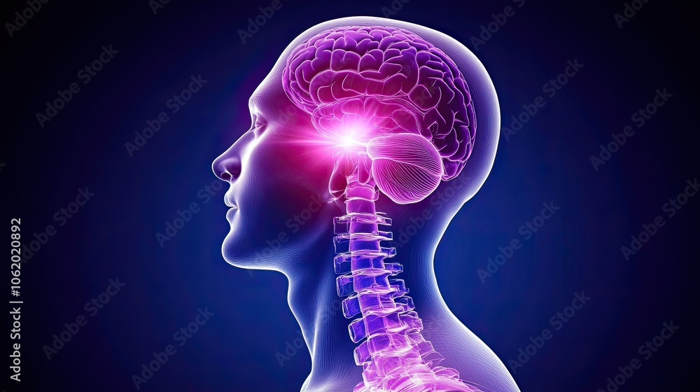 Human head, lateral view, with the brain highlighted in purple and the ...