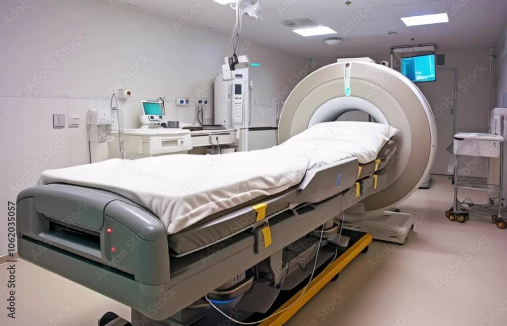mri scanner room in hospital. hospital background. blue color, light ...