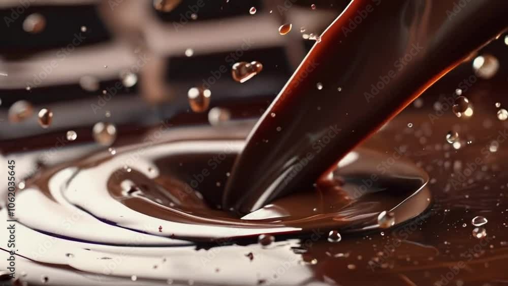 A close-up of liquid chocolate splashing into a bowl, creating an ...
