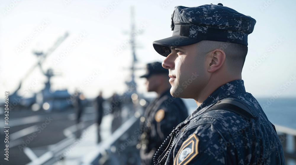 Navy Officer Commanding Crew on Deck with Military Equipment Stock ...