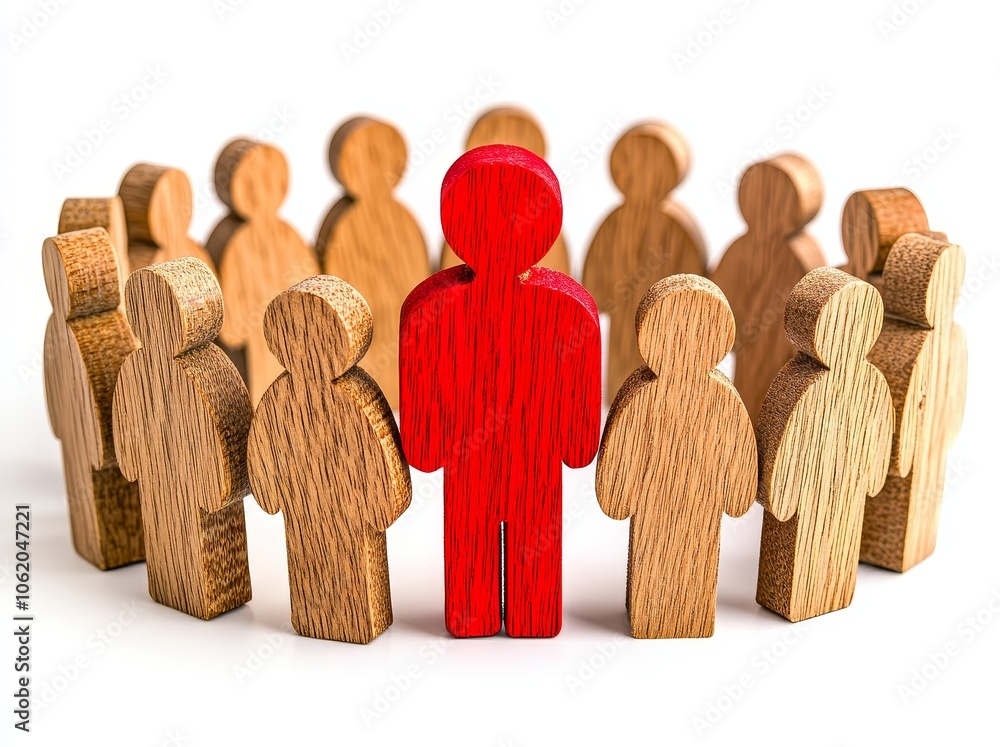 Concept of the bystander effect. Wooden figurines with a red figurine ...