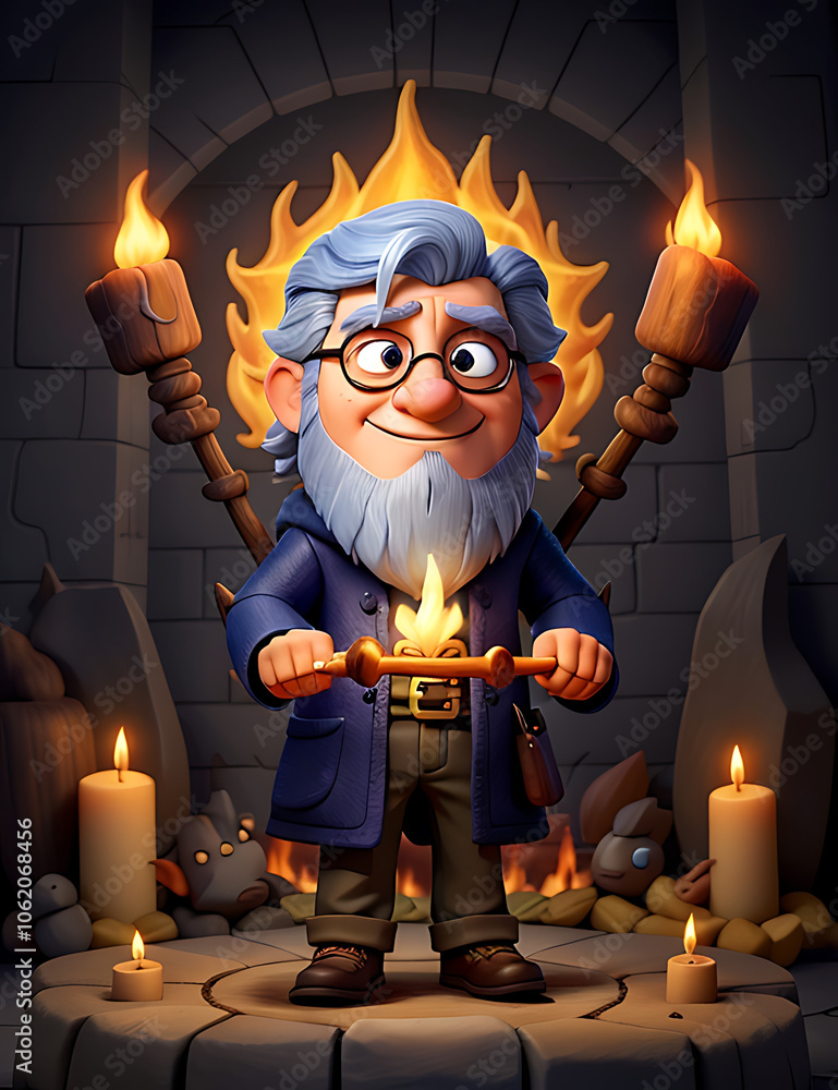 A Wizard Casting a Fire Spell in a Dark Chamber with Floating Runes and ...