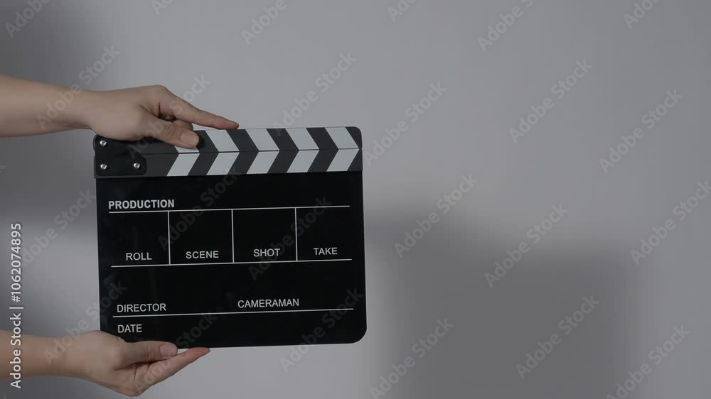 Movie slate or clapperboard hitting with recording frame. Close up hand ...
