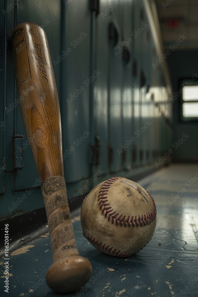 Baseball bat and ball are sitting on the floor in a locker room. The ...