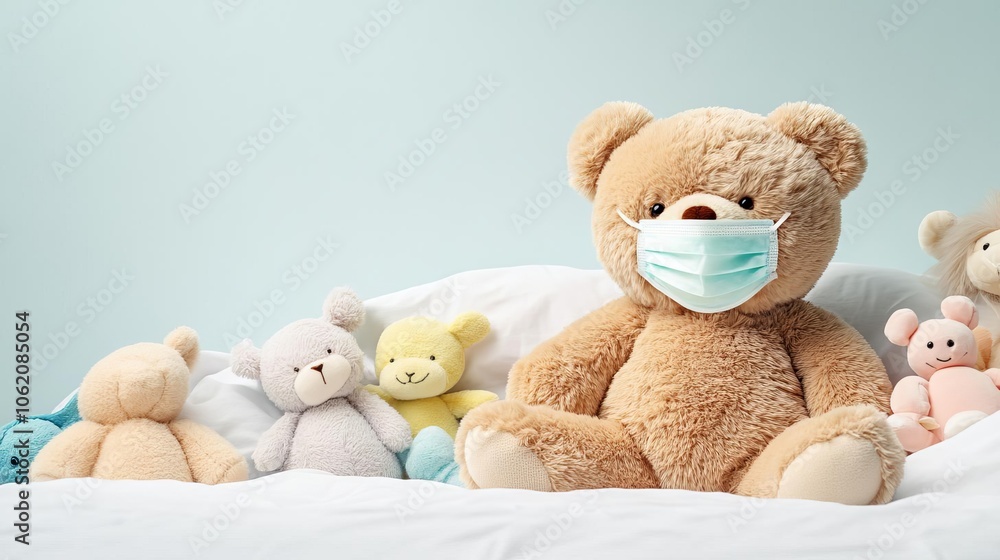 Cute teddy bear with a tiny mask on, sitting in bed with stuffed ...